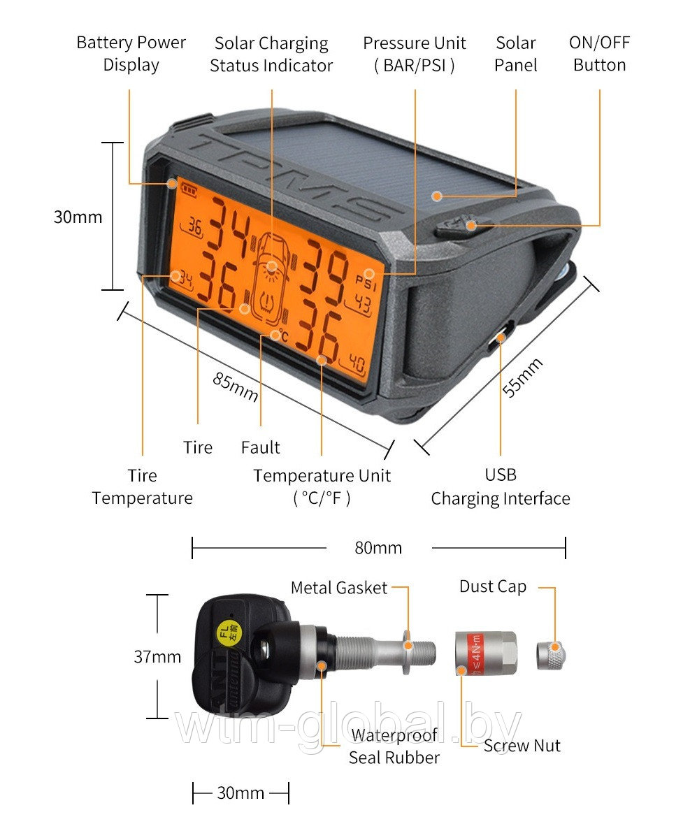 Купить Система TPMS с дисплеем и 4 внутренними датчиками измерения ...