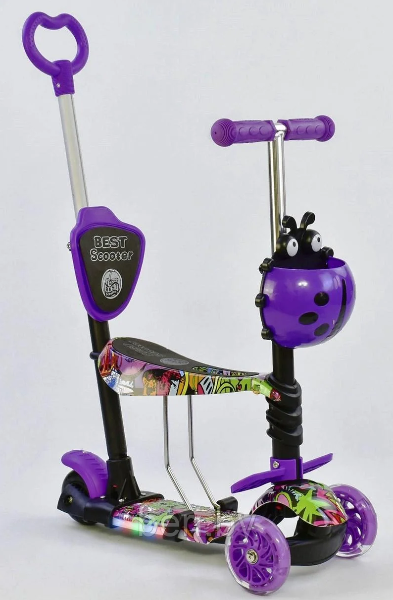 4110 Самокат Scooter 5 в 1 Божья коровка со СВЕТОМ, с ПОДНОЖКОЙ и ...