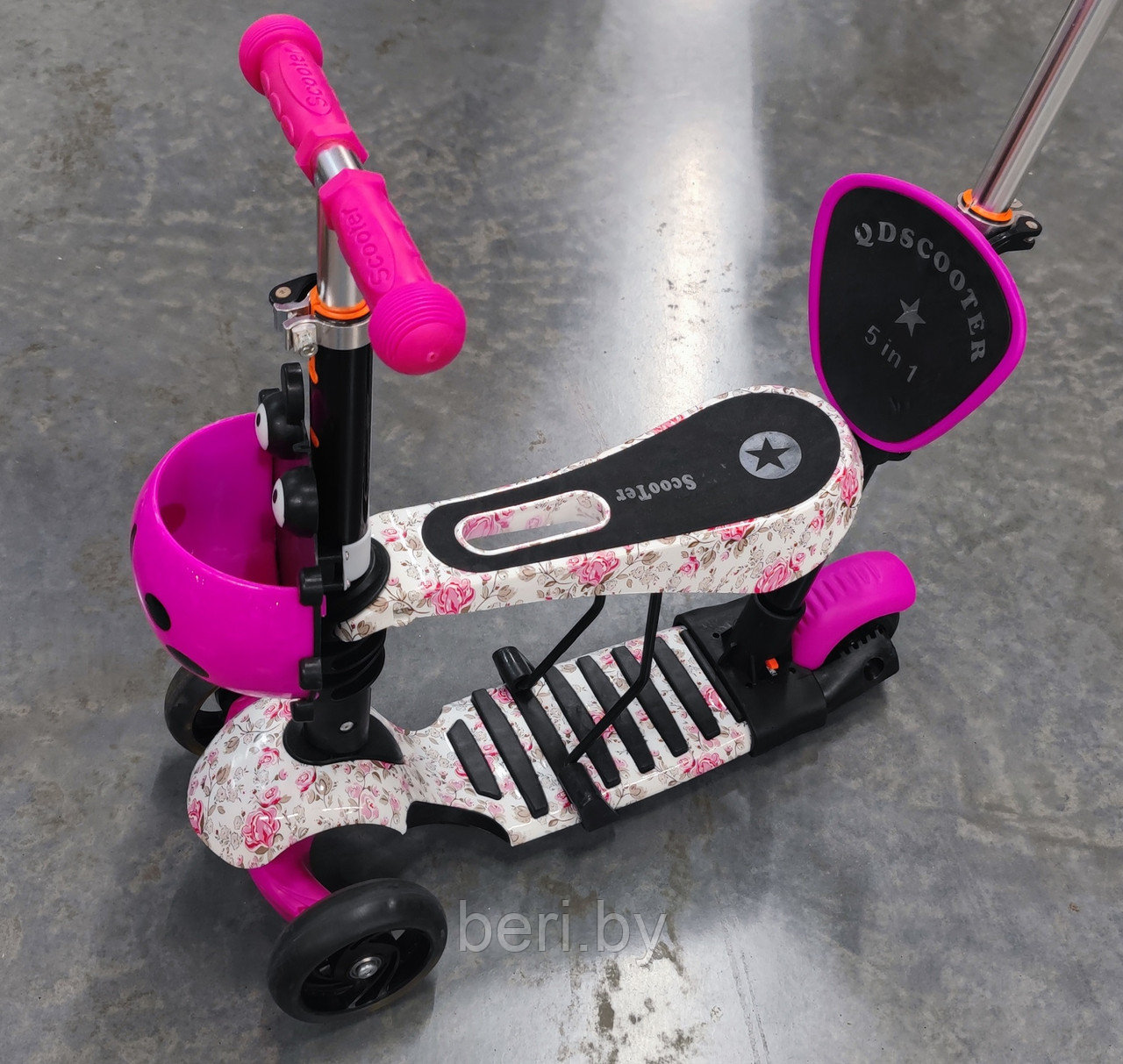 4110 Самокат Scooter 5 в 1 с ПОДНОЖКОЙ и родительской ручкой, принт ...